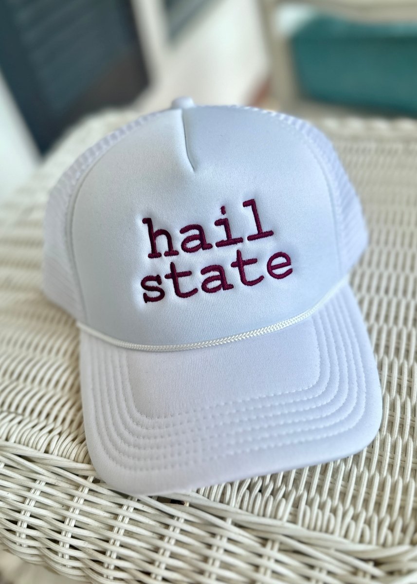 Hail State Embroidered Trucker Cap/Hat - White with Maroon Thread ...